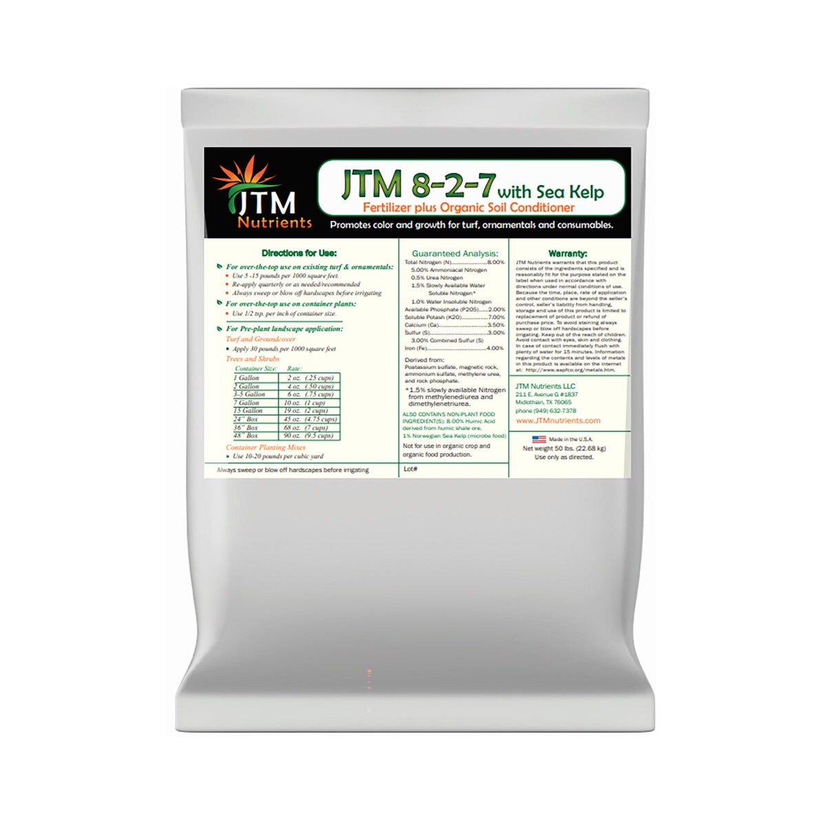 JTM Fertilizer + Organic Soil Conditioner 8-2-7 w/ Sea Kelp 50 lb. Bag ...