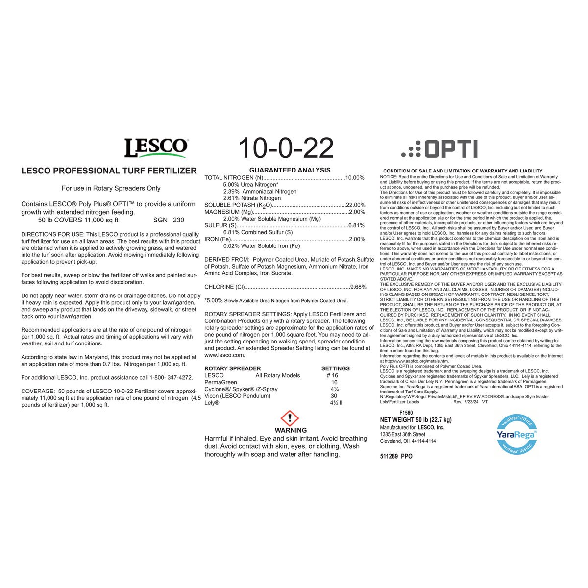 LESCO 10-0-22 50% PolyPlus OPTI45 50% YaraRega 2% Fe 2% Mg KMAG MOP SOP ...