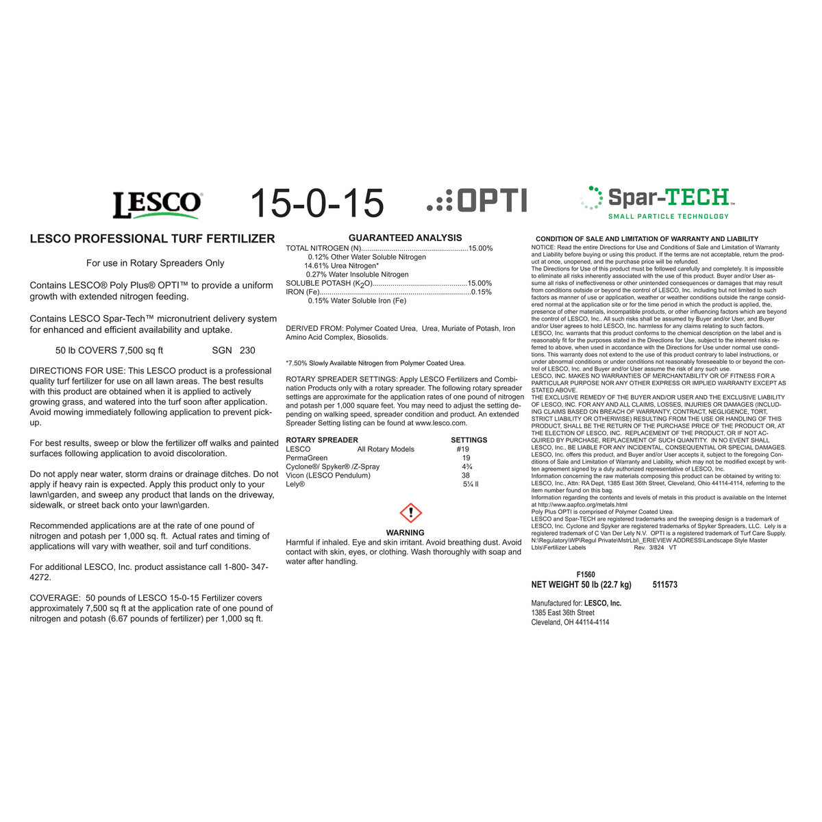 LESCO 15-0-15 50% PolyPlus OPTI45 Spar-TECH 0.15Fe BIO Turfgrass ...
