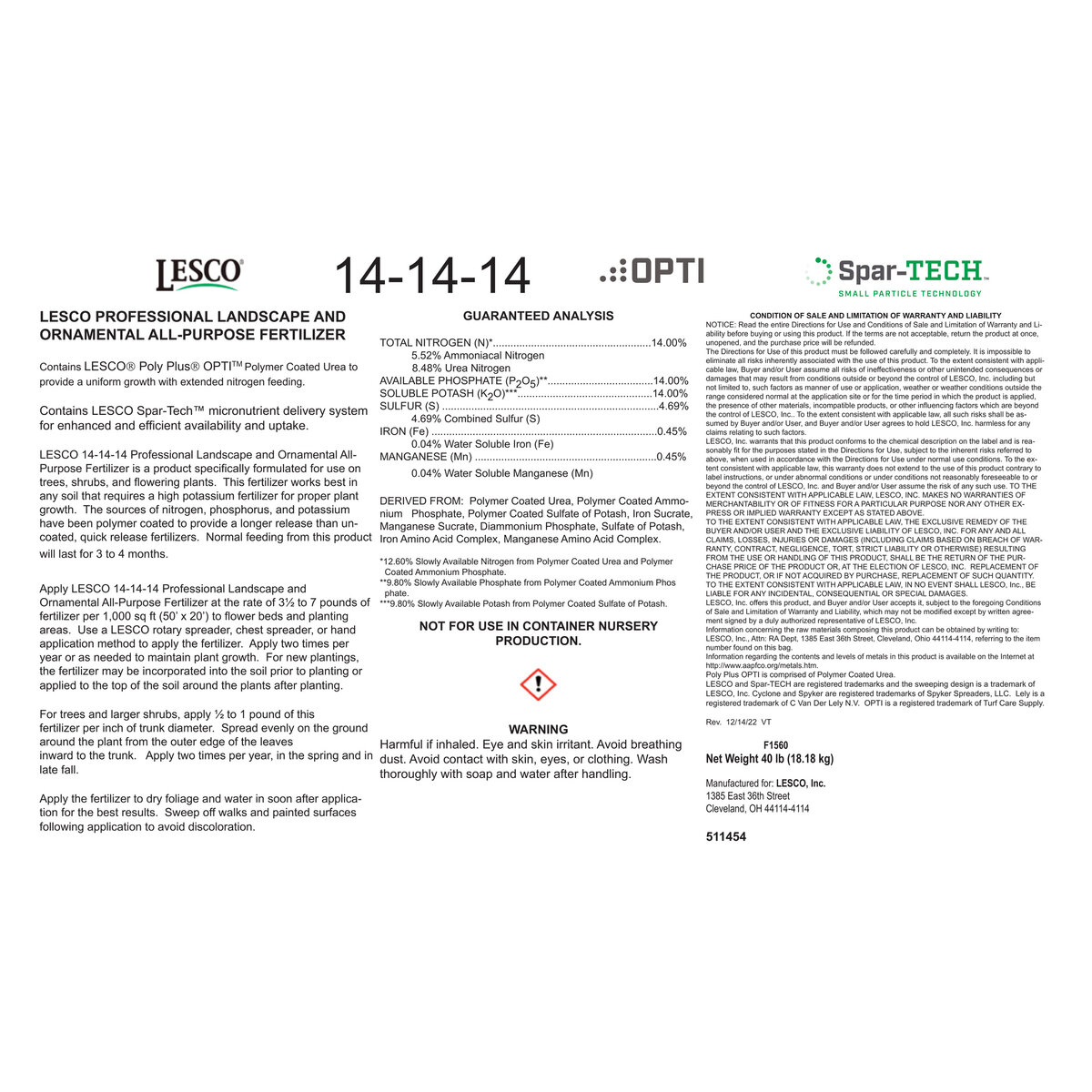 LESCO 14-14-14 PolyPlus OPTI45 Spar-TECH 0.45% Fe 0.45% Mn Landscape ...