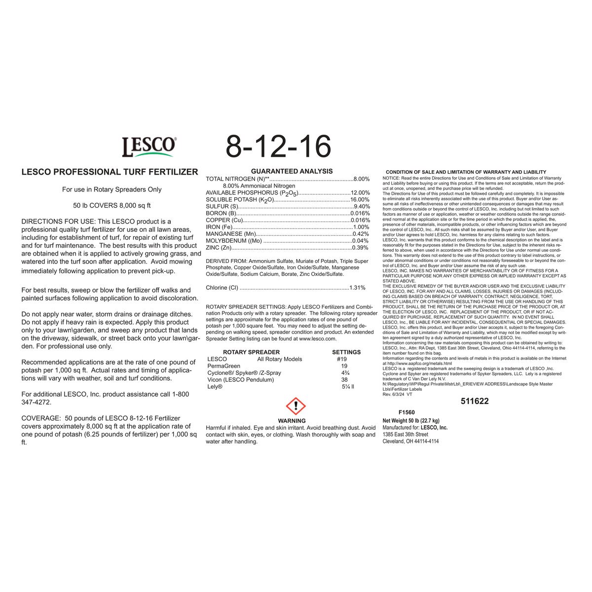 LESCO 8-12-16 1Fe + Micros AS MOP All Purpose Granular Fertilizer 50 lb ...