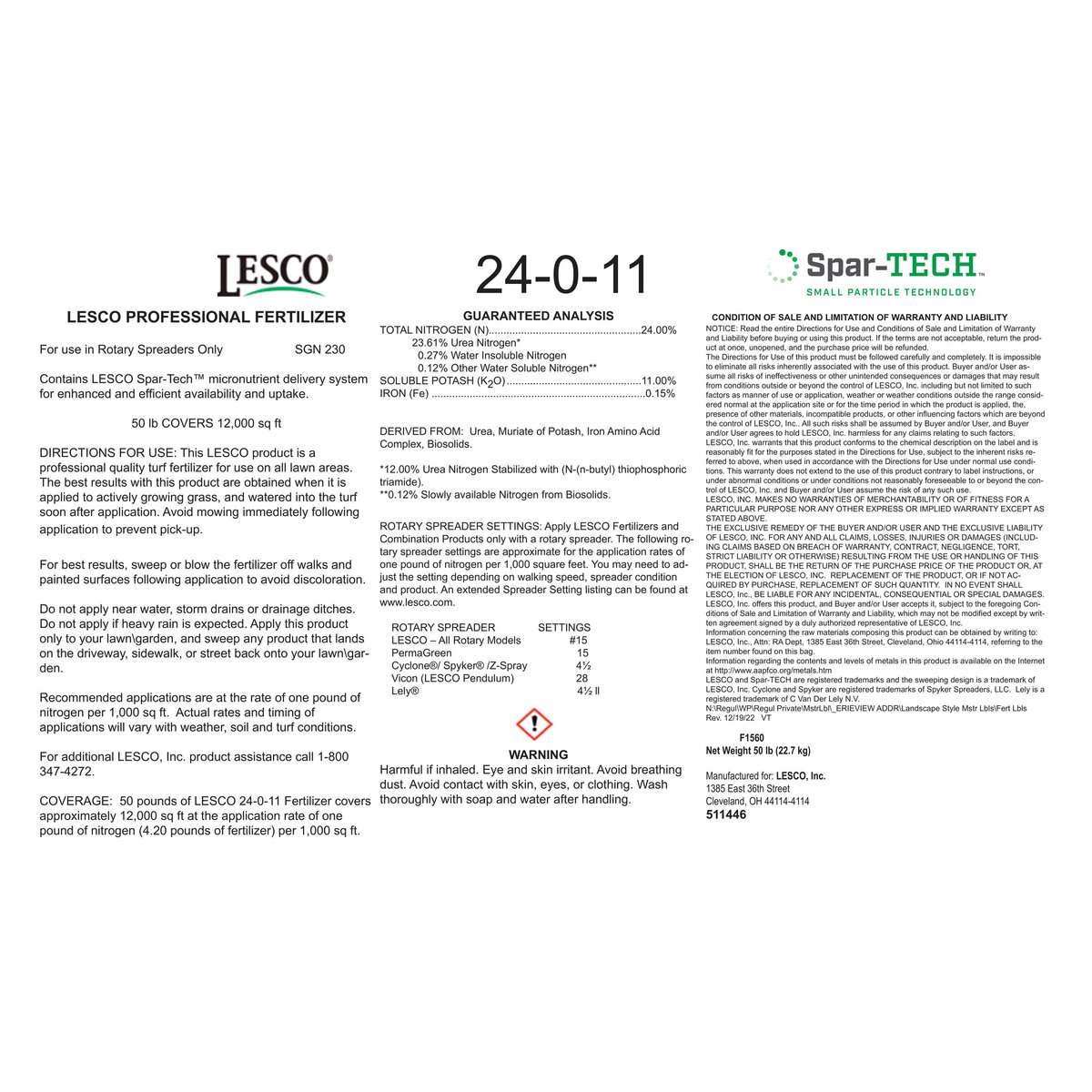 LESCO 24-0-11 50% U-Plus BIO Spar-TECH 0.15% Fe MOP Turfgrass Granular ...