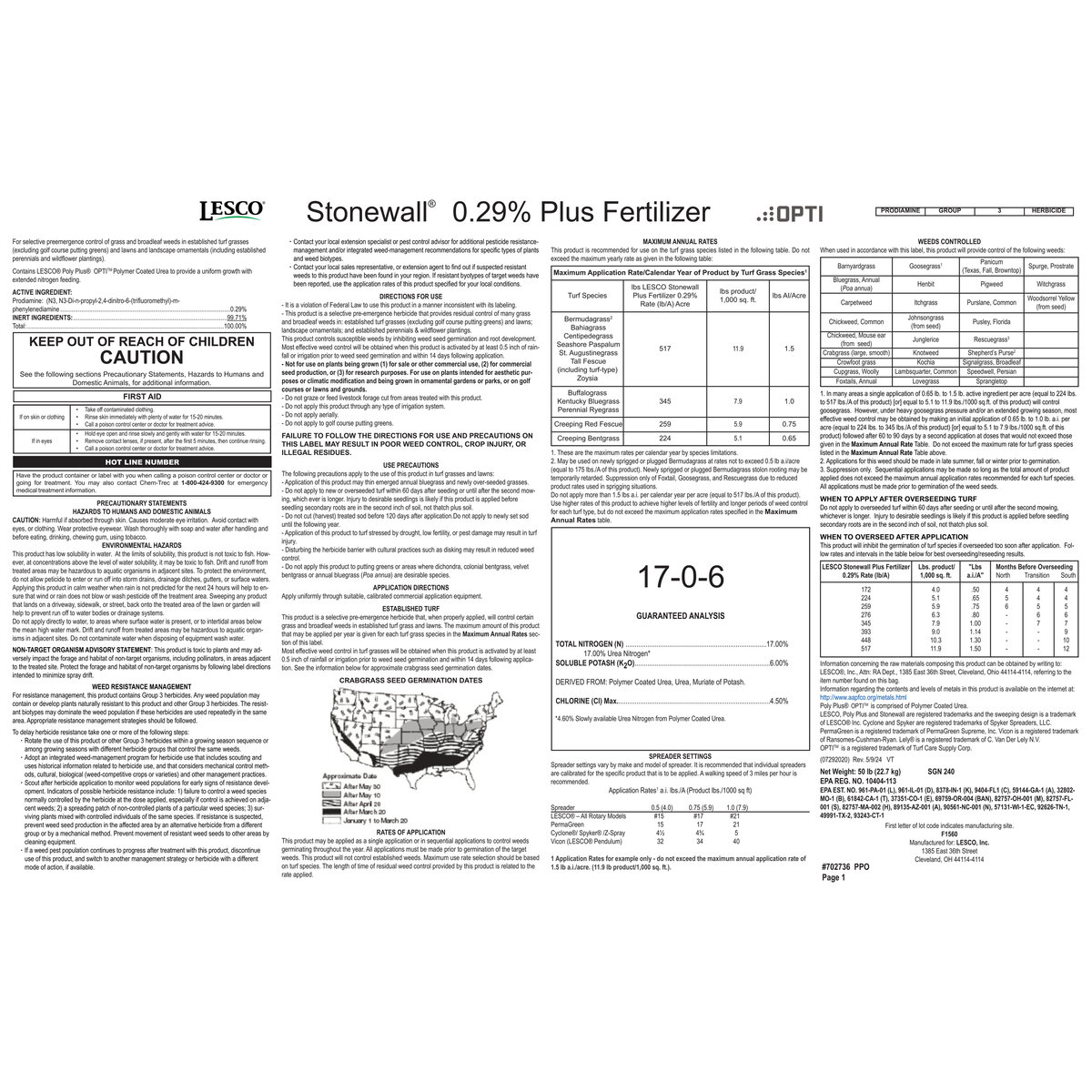 LESCO Stonewall 0.29% 17-0-6 30%PolyPlus OPTI45 MOP Pre-Emergent ...