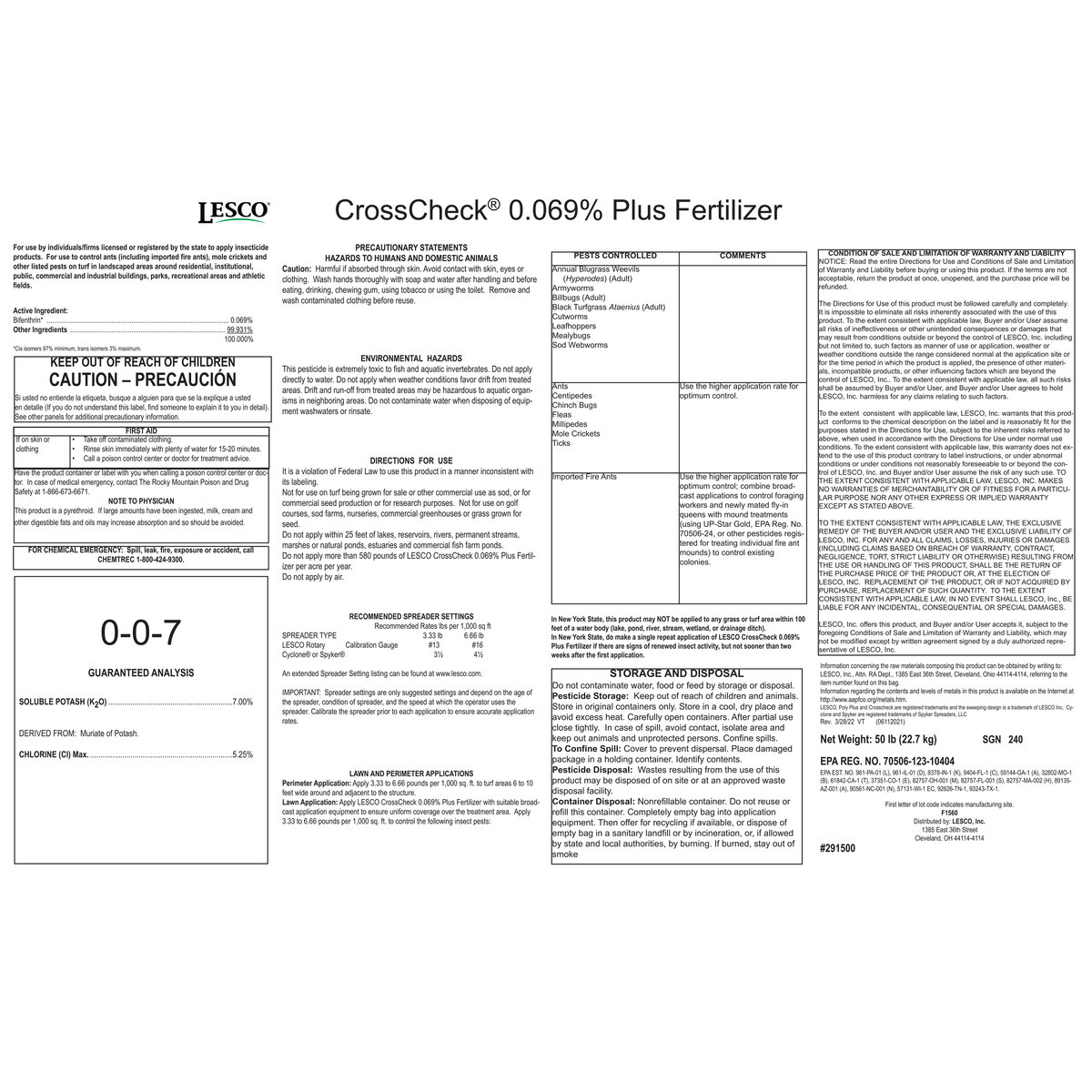 LESCO Crosscheck 0.069% 0-0-7 AM Insecticide Plus Fertilizer 50 lb ...
