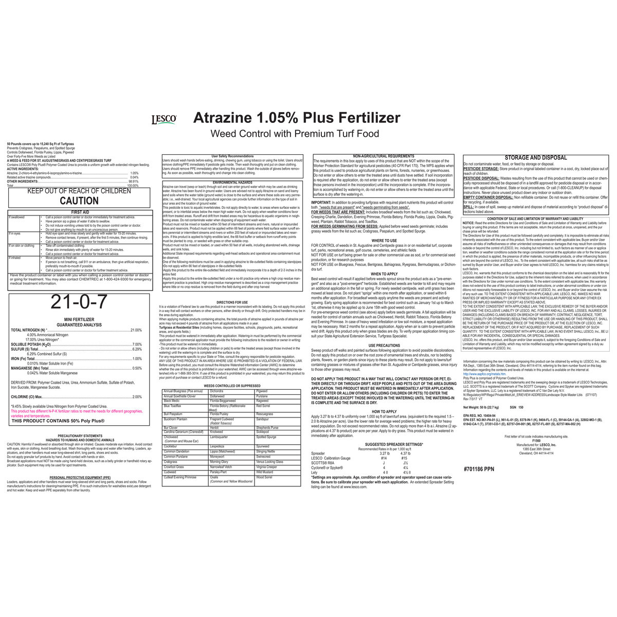 LESCO Atrazine 1.05% 21-0-7 50% PolyPlus OPTI45 1Fe 0.5Mn AS Post ...