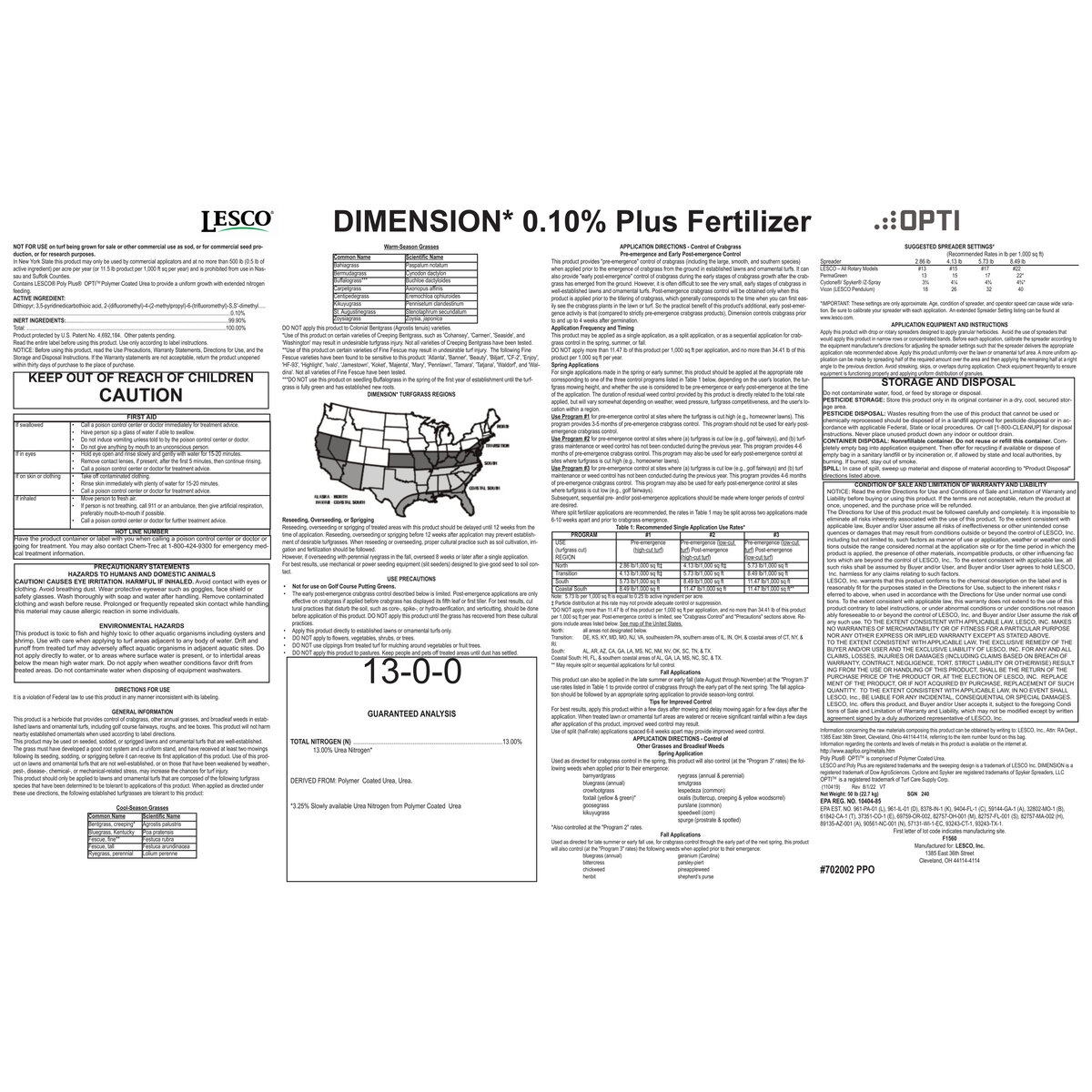 LESCO Dimension 0.10% 13-0-0 25% PolyPlus OPTI45 Pre-Emergent Granular ...