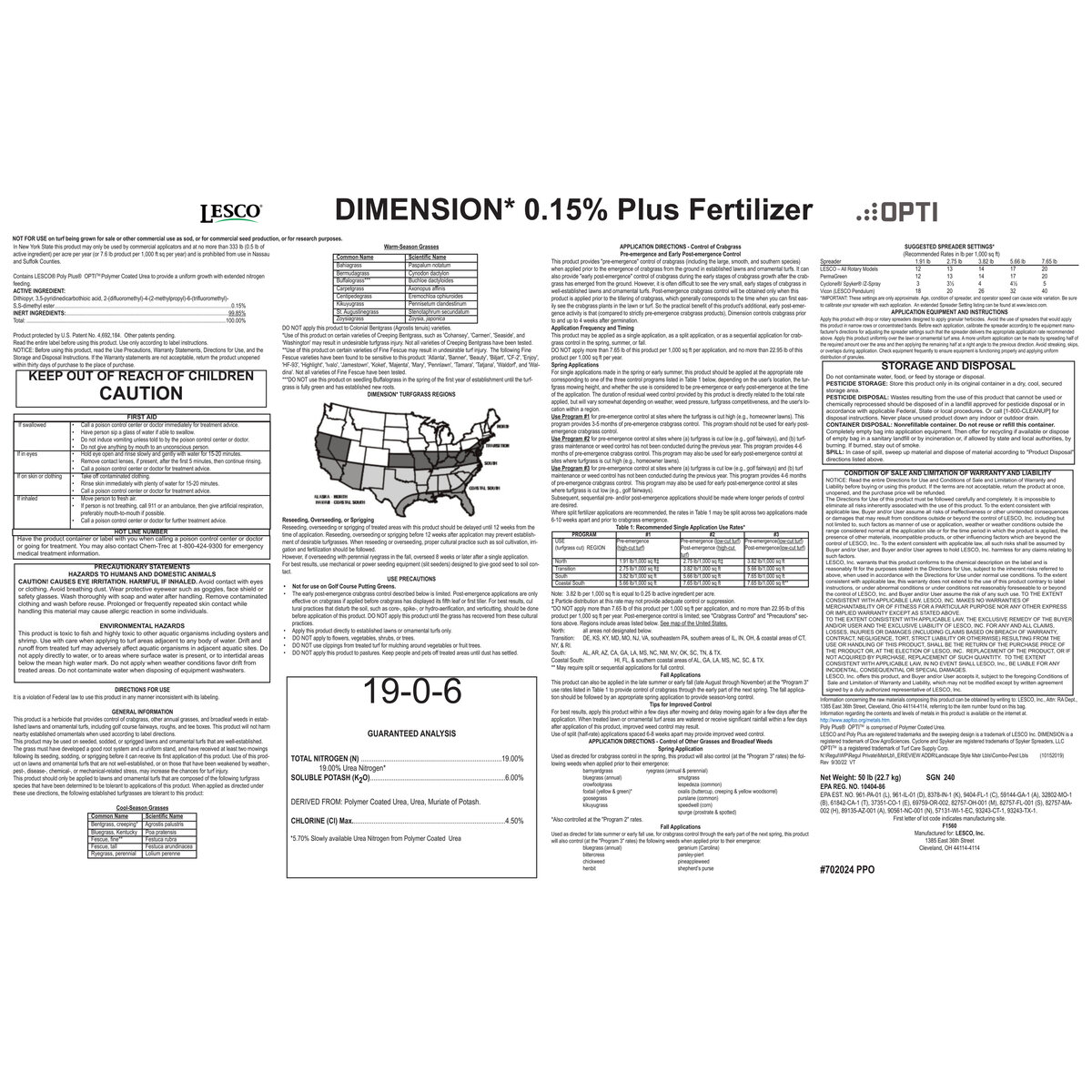 LESCO Dimension 0.15% 19-0-6 30% PolyPlus OPTI45 4.5%Cl MOP Pre ...