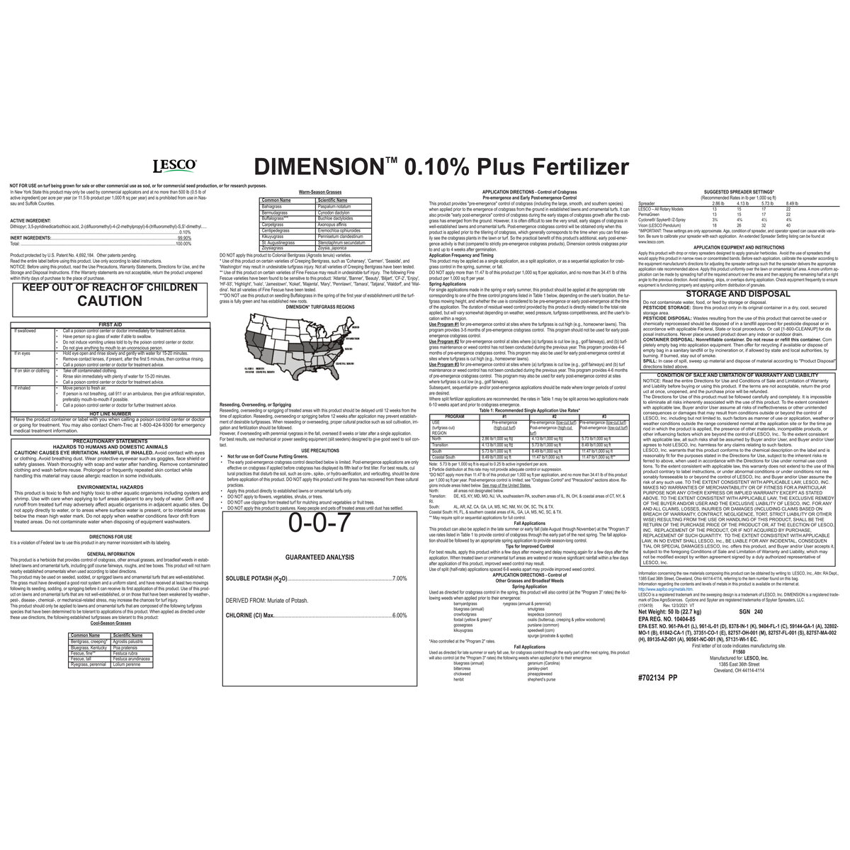 LESCO Dimension 0.10% 0-0-7 AM Pre-Emergent Plus Fertilizer 50 lb. Bag ...