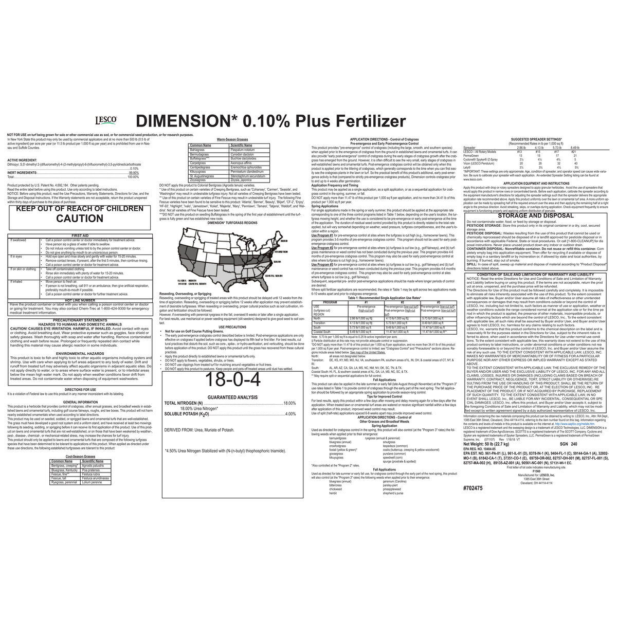 LESCO Dimension 0.10% 18-0-4 25% U-Plus Pre-Emergent Granular Herbicide ...