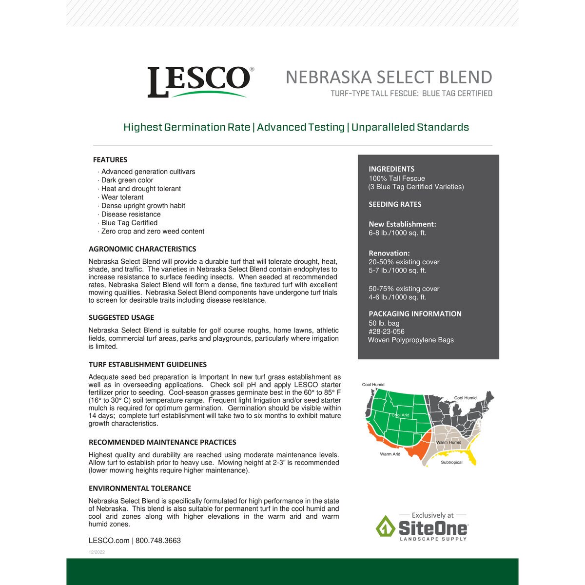LESCO Nebraska Select Tall Fescue Seed Blend (Cert) 50 lb. Bag | SiteOne US