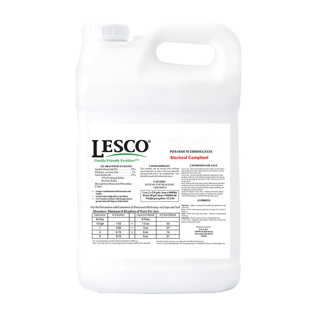 LESCO 0-0-20 20% K2O 10% Mg 21% S 2% Cl Turfgrass Liquid Fertilizer 250 ...