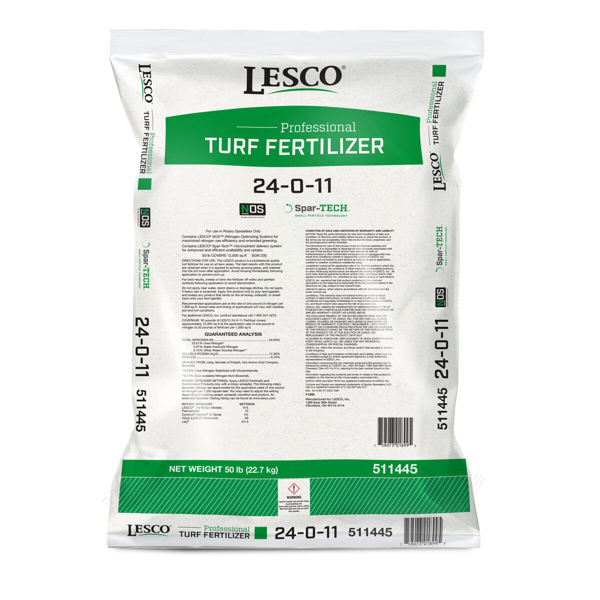LESCO 24-0-11 50% NOS BIO Spar-TECH 0.15% Fe MOP Turfgrass Granular ...