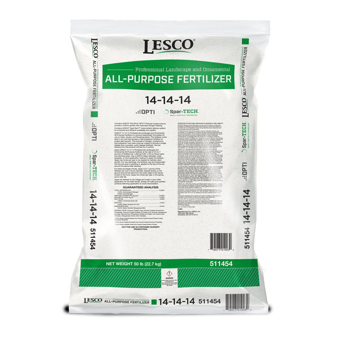 LESCO 14-14-14 PolyPlus OPTI45 Spar-TECH 0.45% Fe 0.45% Mn Landscape ...