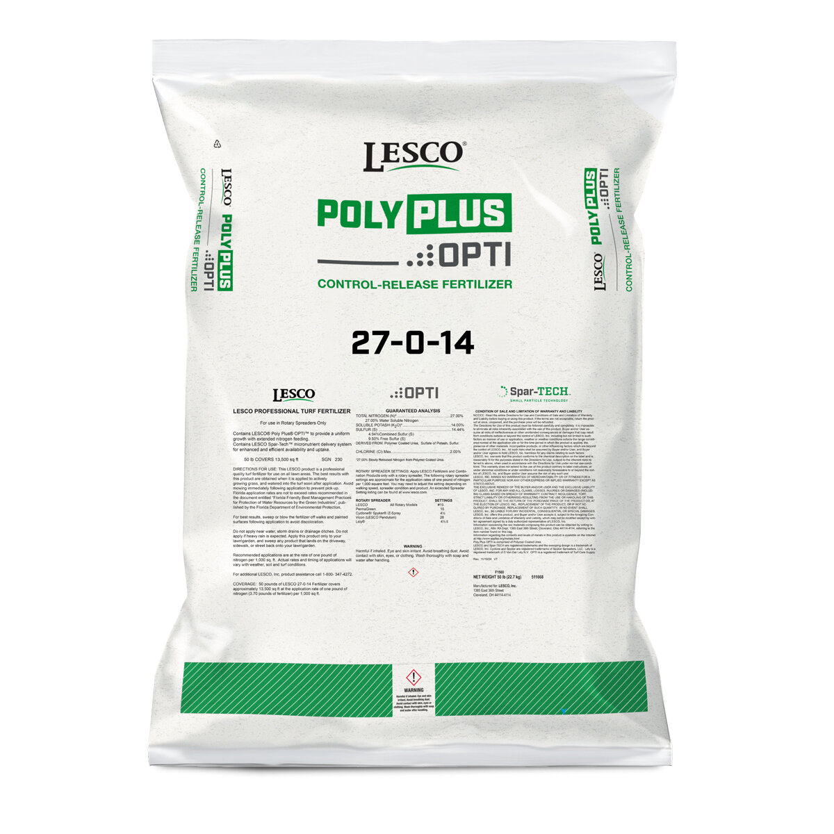 LESCO 27-0-14 100% PolyPlus OPTI45 Spar-TECH 14.44%S SOP Turfgrass ...