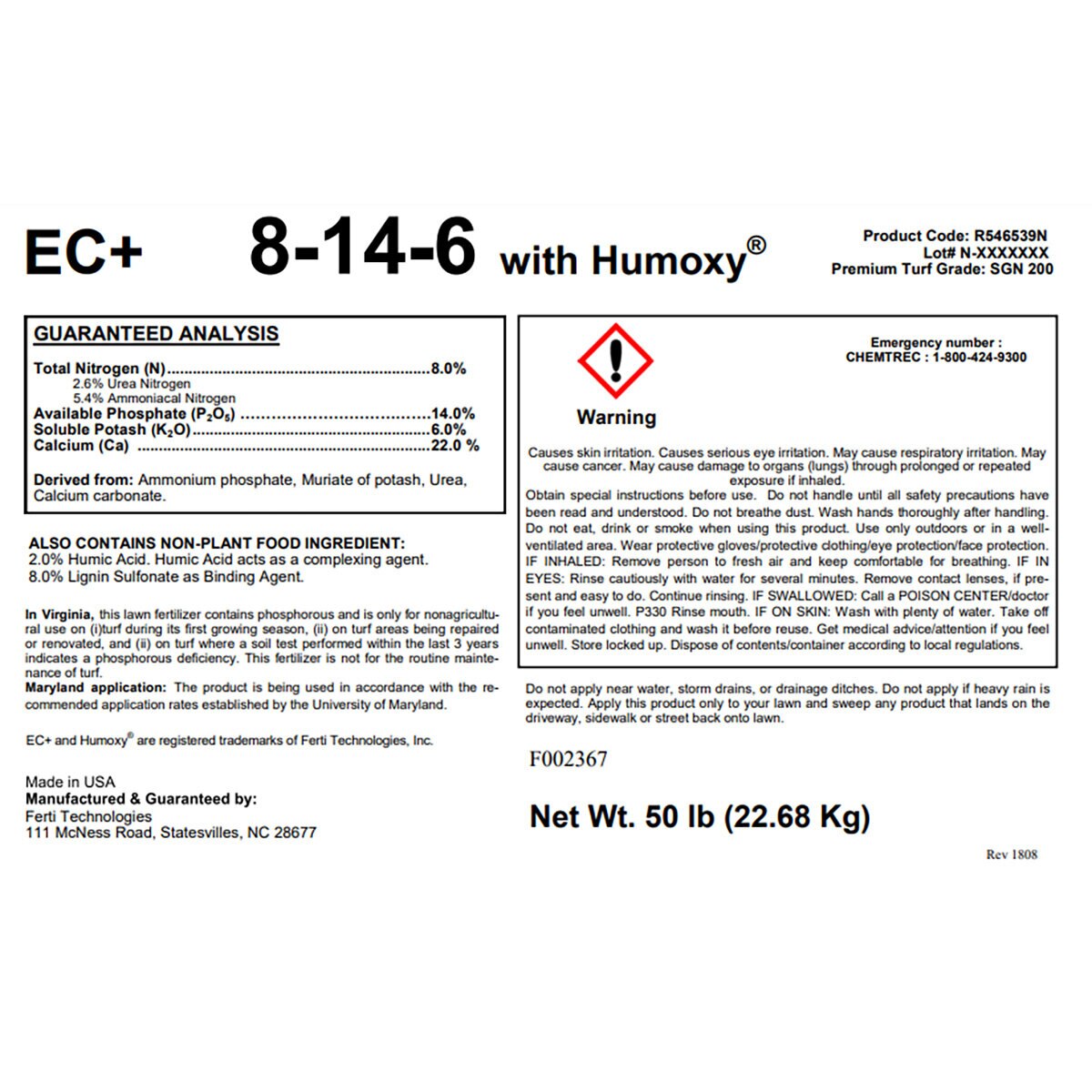 Ferti Tech Fertilizer 8-14-6 Humics 50 lb | SiteOne US