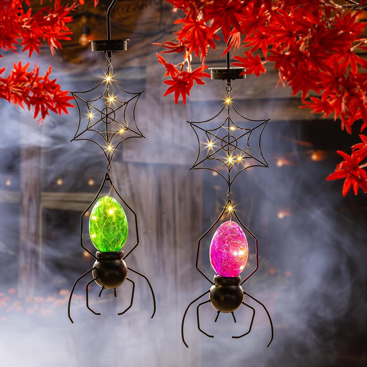 Haunted House Outdoor Halloween Spider Solar Lantern Metal & Glass 8 in ...