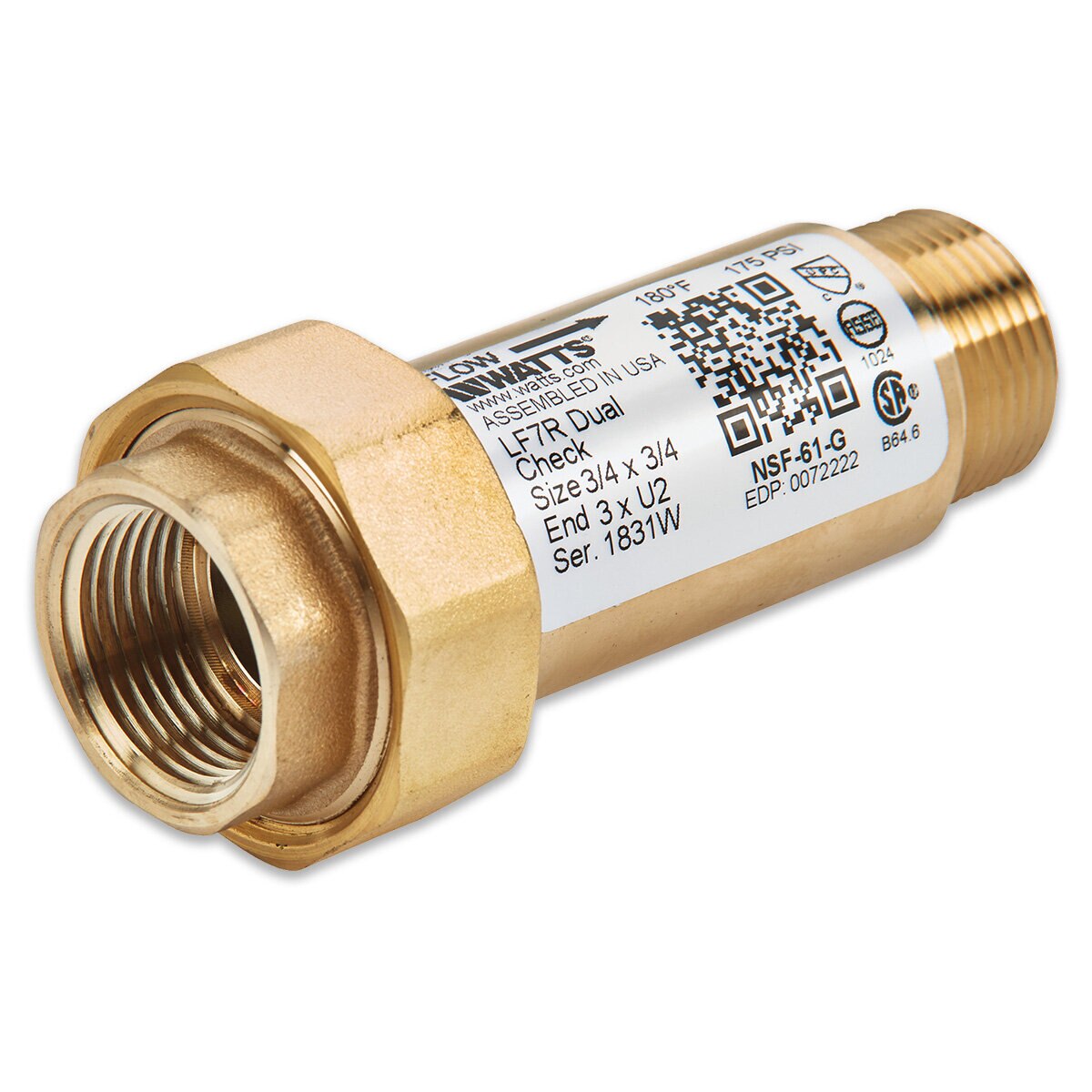 Watts LF7R-3-U2 Dual Check Valve Lead Free 1 in. MNPT x Union FNPT ...